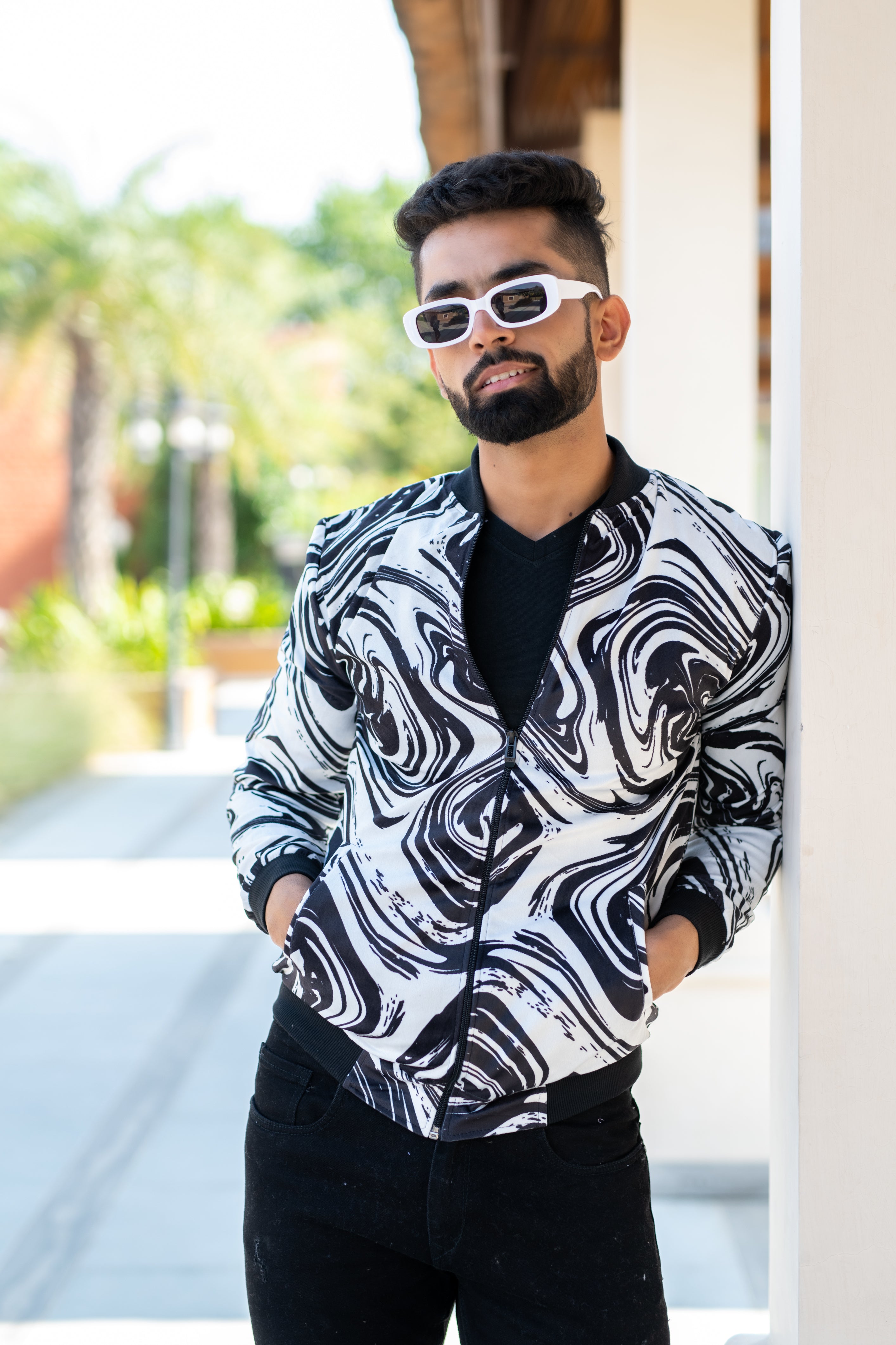 Buy Black & White Marble Printed Velvet Jacket Online | Tistabene