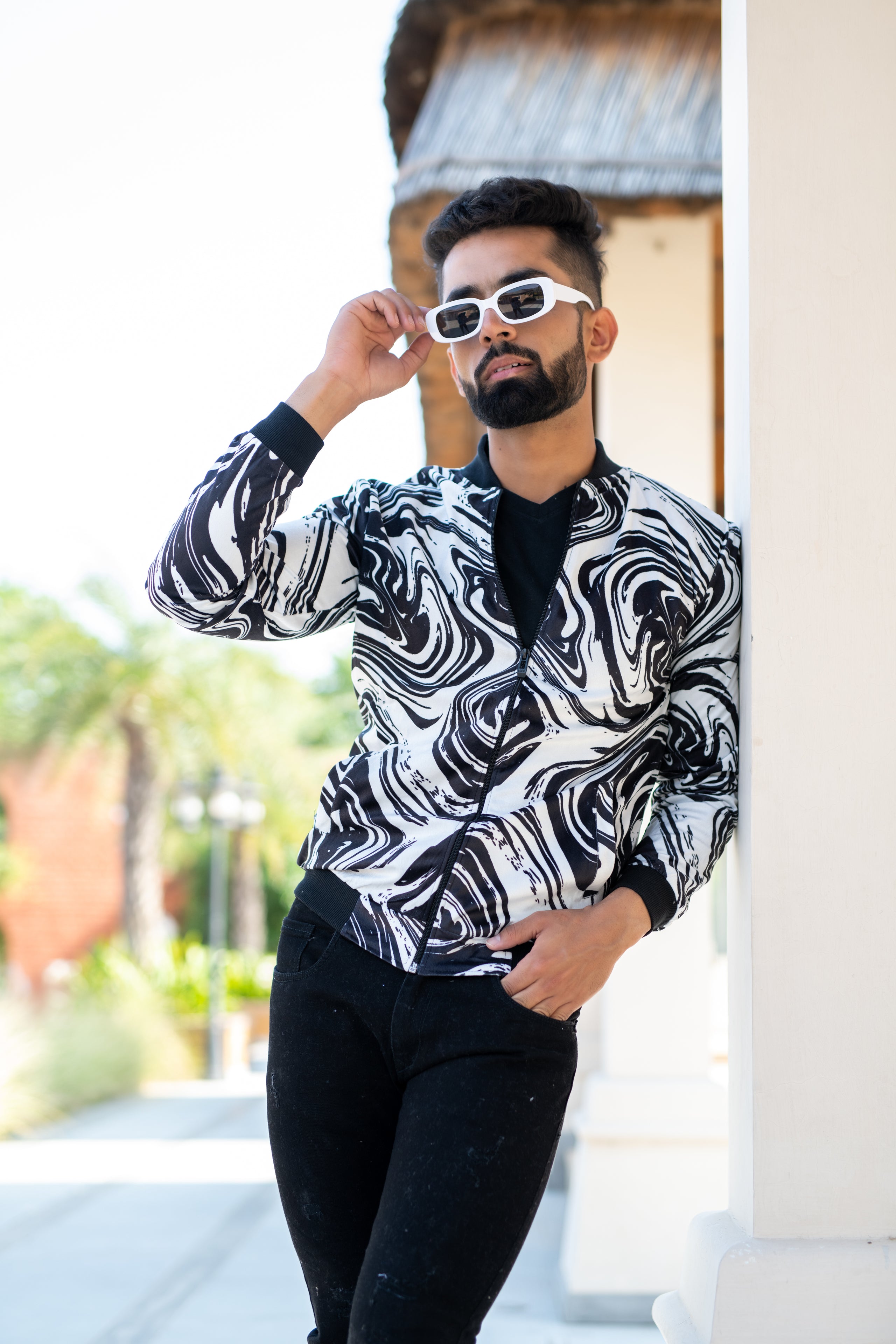Buy Black & White Marble Printed Velvet Jacket Online | Tistabene