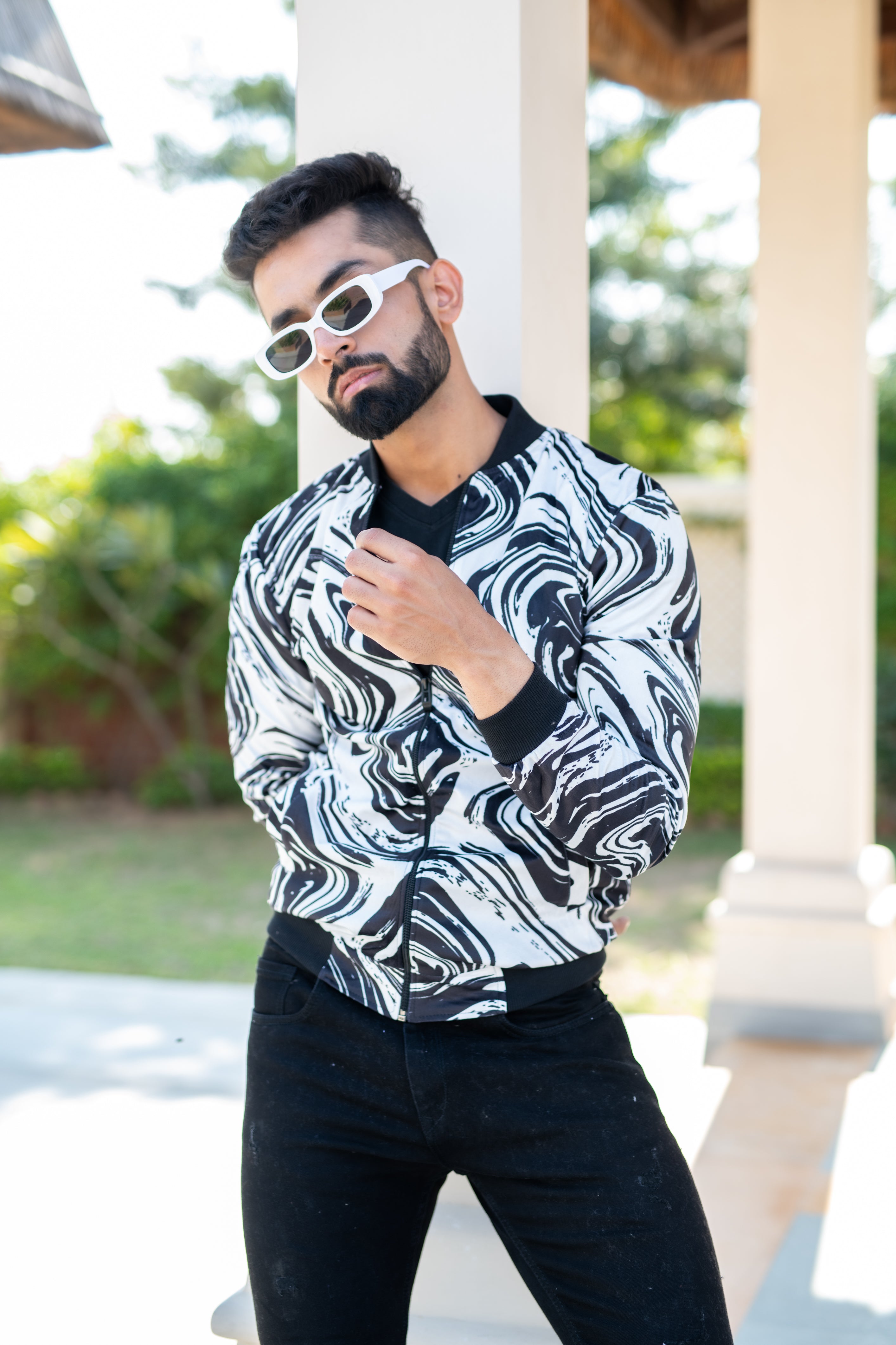 Buy Black & White Marble Printed Velvet Jacket Online | Tistabene
