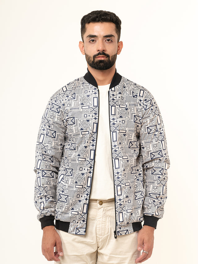 Buy Light Grey Geometric Printed Velvet Jacket