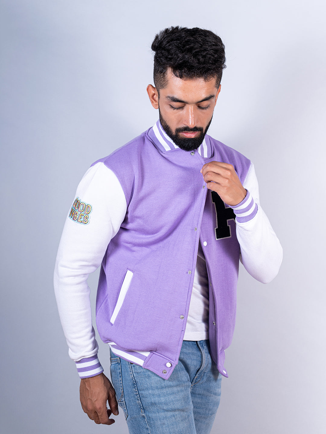 Buy Good Vibes Lilac R Varsity Jacket Online | Tistabene