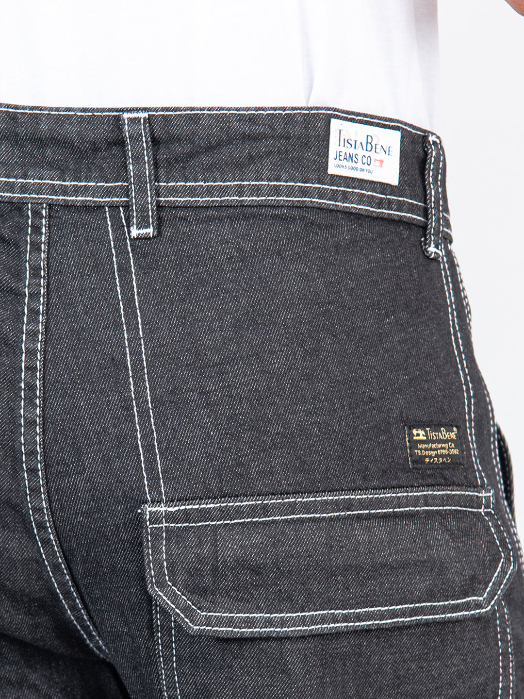 Buy Black Flared Straight Fit Denim Cargo Jeans Online
