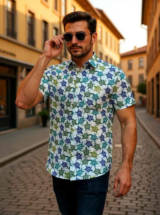 Buy Multi Turtle Sanganeri Half Sleeves Shirt Online | Tistabene