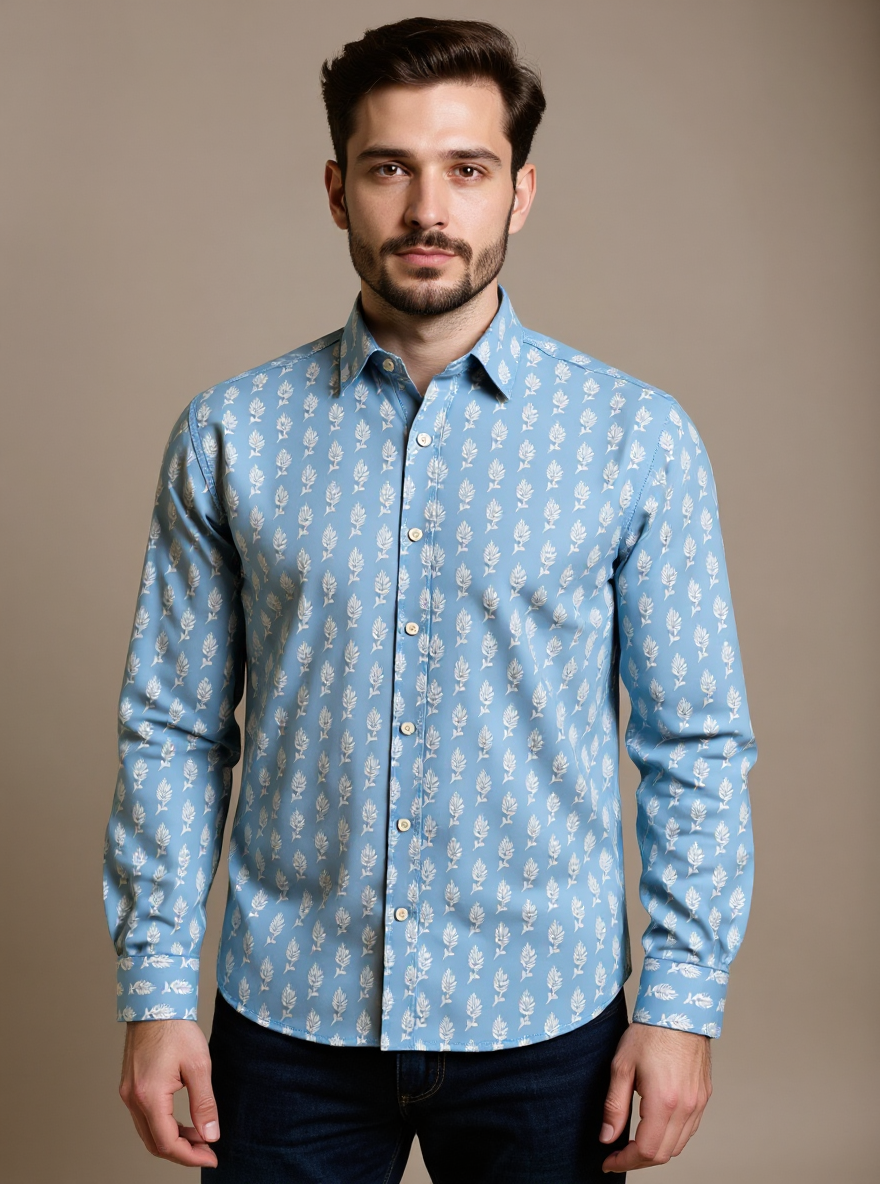 Buy Dusty Blue Sanganeri Buti Full Sleeves Shirt Online | Tistabene