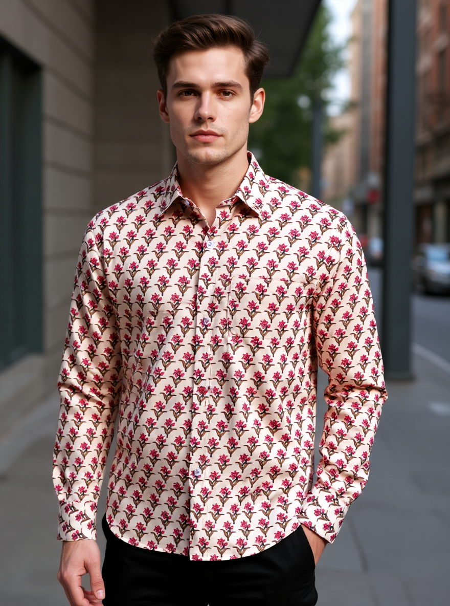 Buy White Floral Buti Sanganeri Full Sleeves Shirt Online | Tistabene