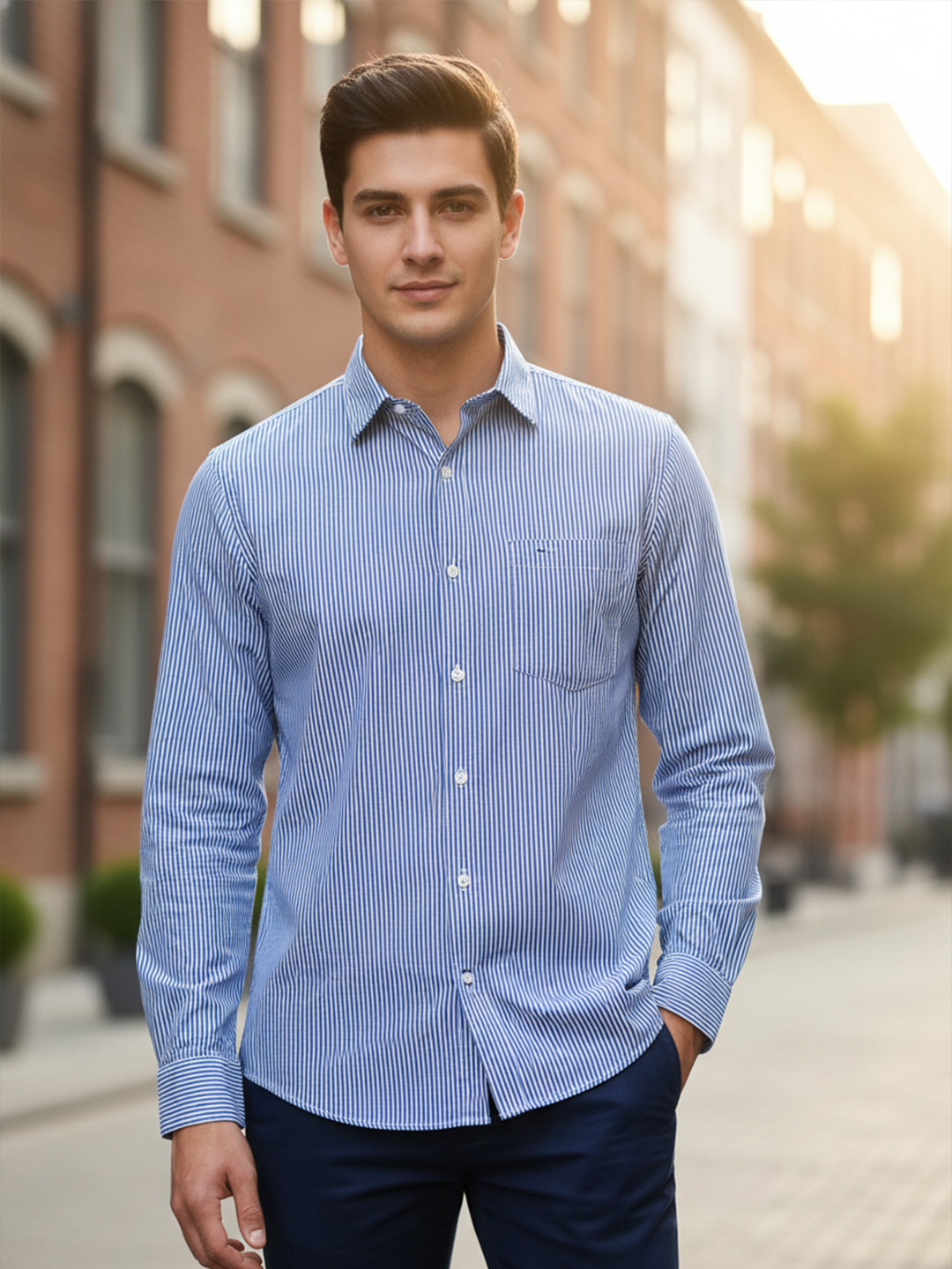 Buy Navy Blue Pinstripe Full Sleeves Cotton Shirt Online | Tistabene