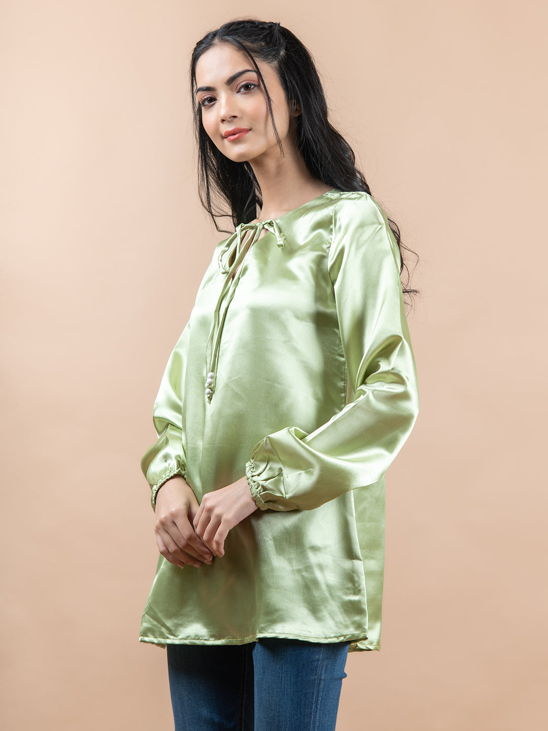 Buy Green Satin Full Sleeves Top For Women Online | Tistabene - Tistabene