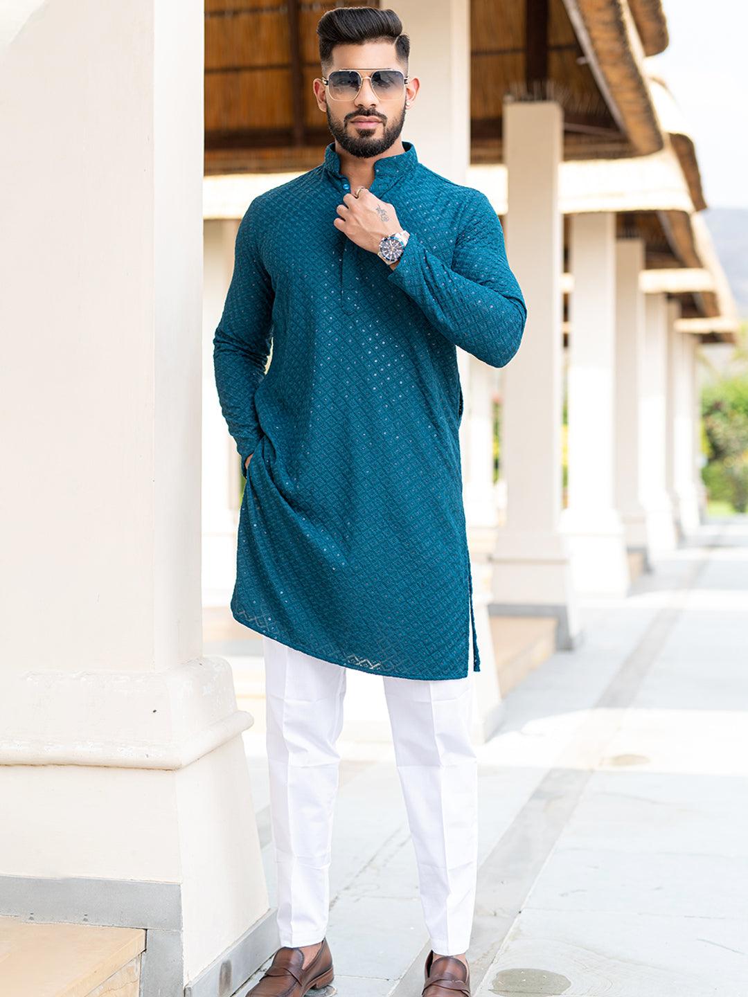 Buy Teal Blue Floral Embroidered Cotton Mens Kurta Online | Tistabene