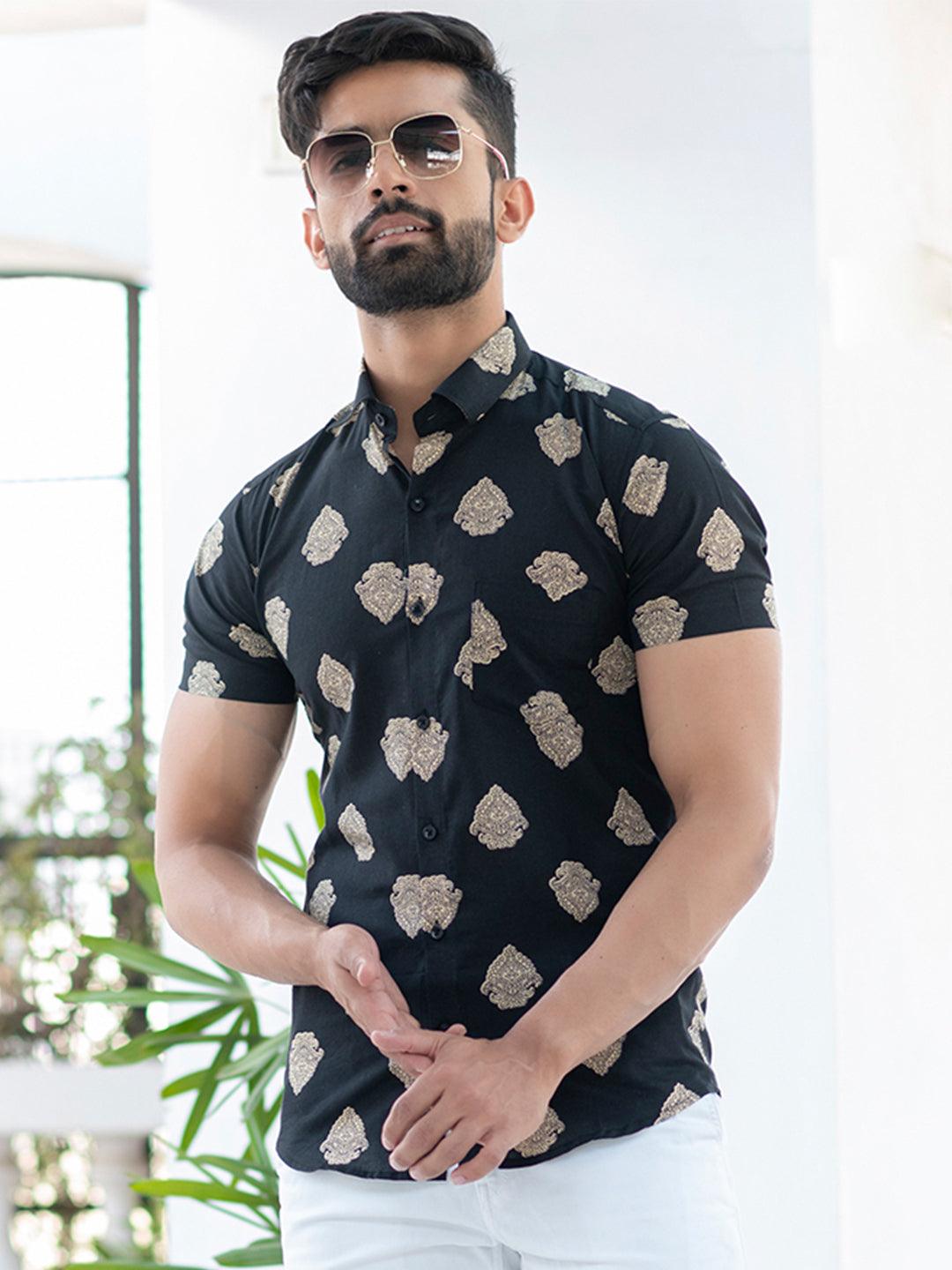 Buy Premium Black Motifs Half Sleeves Jaipuri Printed Shirt Online ...