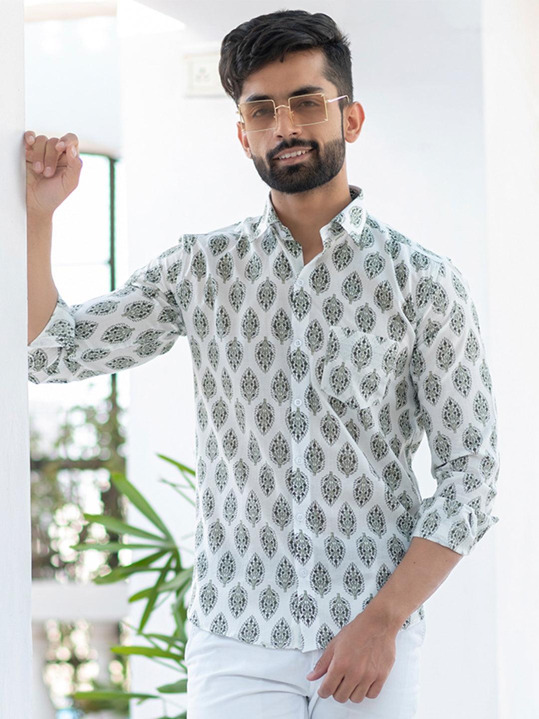 Buy Modern White Motifs Jaipuri Printed Shirts Online | Tistabene
