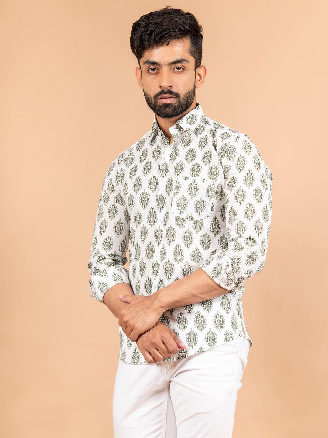 Buy Modern White Motifs Jaipuri Printed Shirts Online | Tistabene