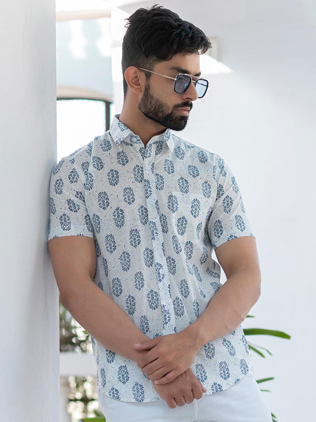 Buy Cotton White Jaipuri Printed Shirts For Men Online | Tistabene