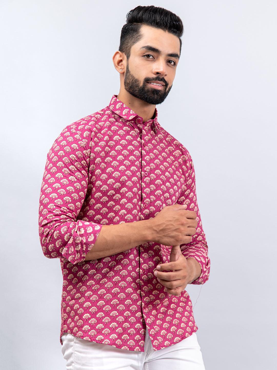 Buy Latest Cotton Pink Floral Printed Shirt For Men Online | Tistabene