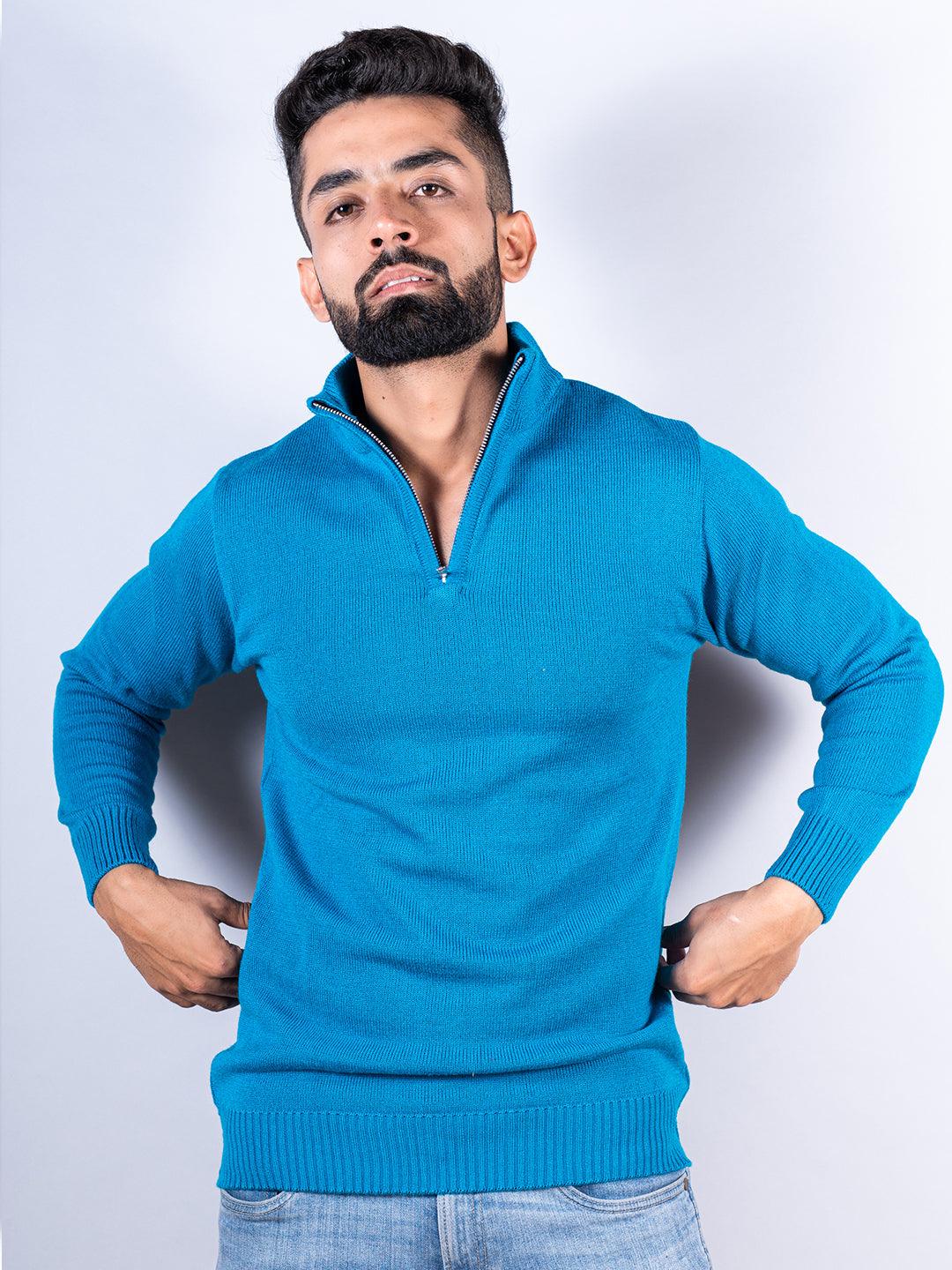 Buy Teal Blue Color Classic Zipper Men's Sweater Online | Tistabene ...